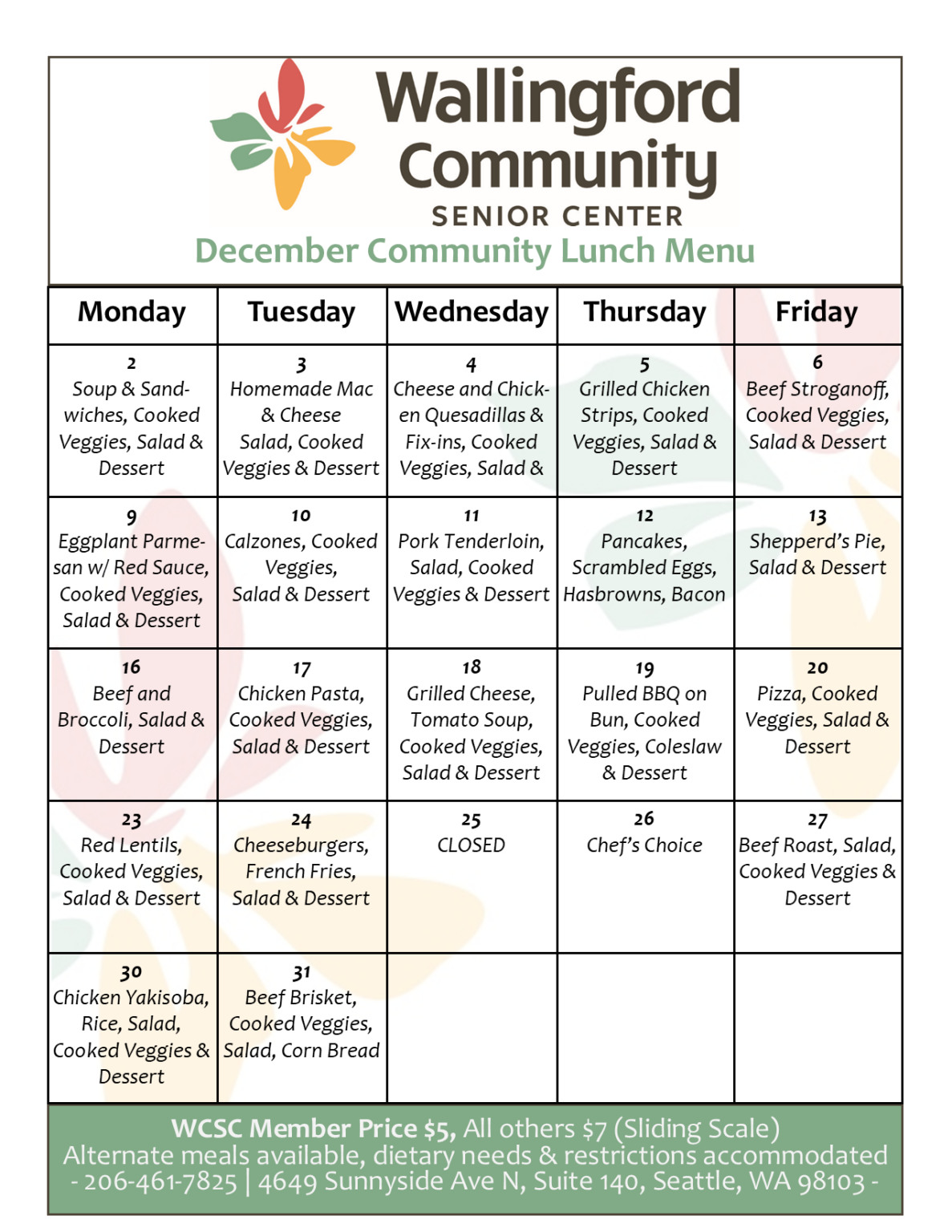 December 2024 Lunch Menu – Wallingford Community Senior Center