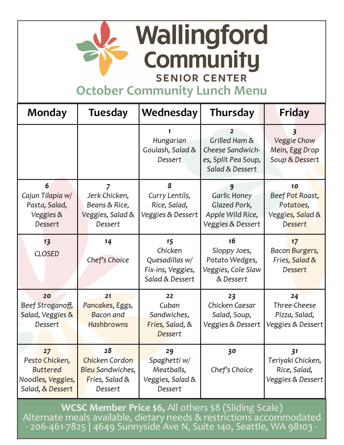 October 2025 Lunch Menu – Wallingford Community Senior Center