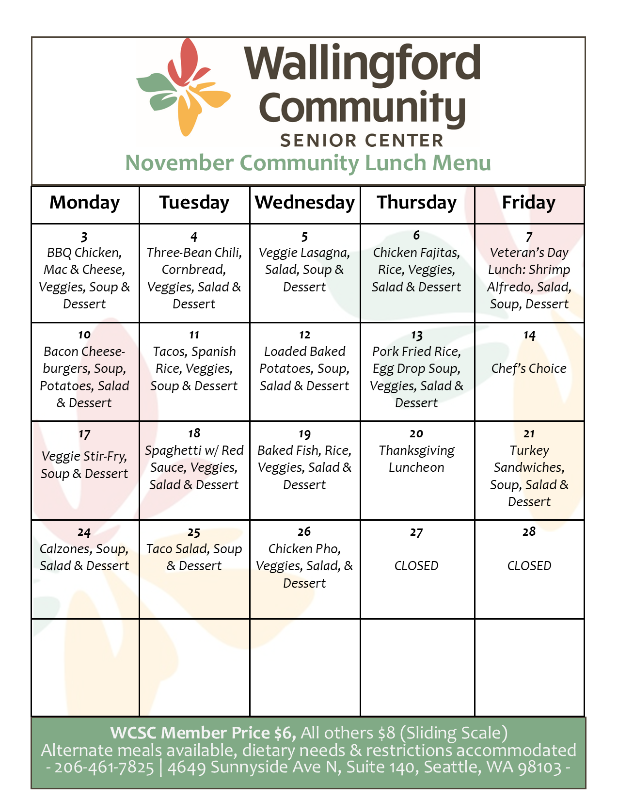 November 2025 Lunch Menu – Wallingford Community Senior Center