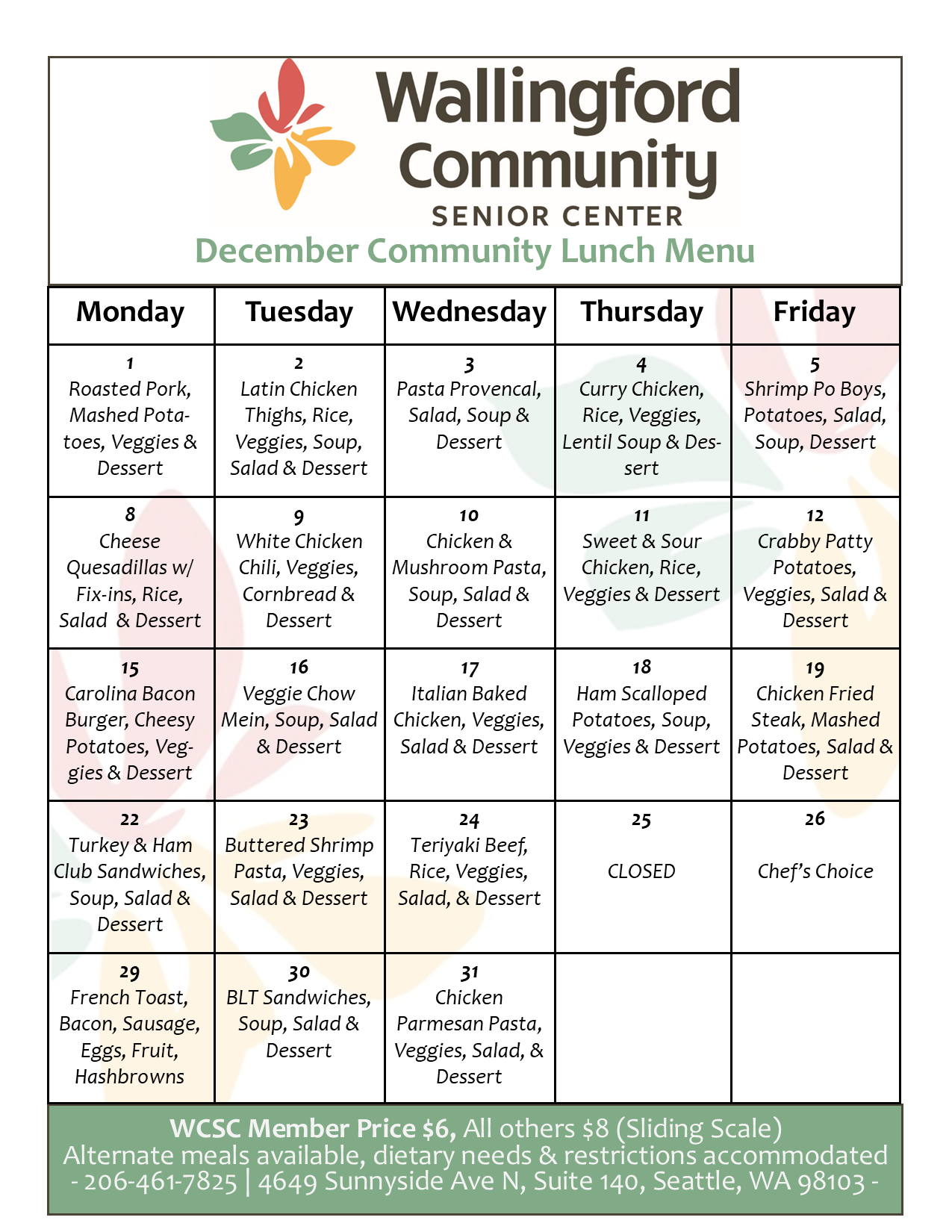 December 2025 Lunch Menu – Wallingford Community Senior Center
