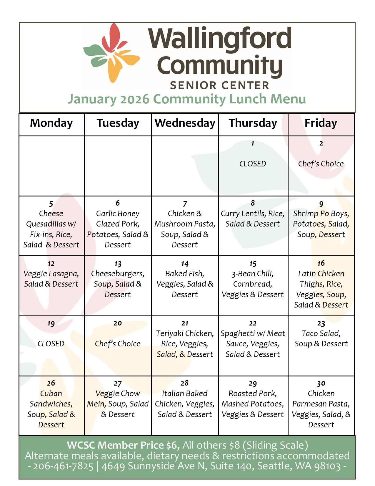 January 2026 Lunch Menu – Wallingford Community Senior Center